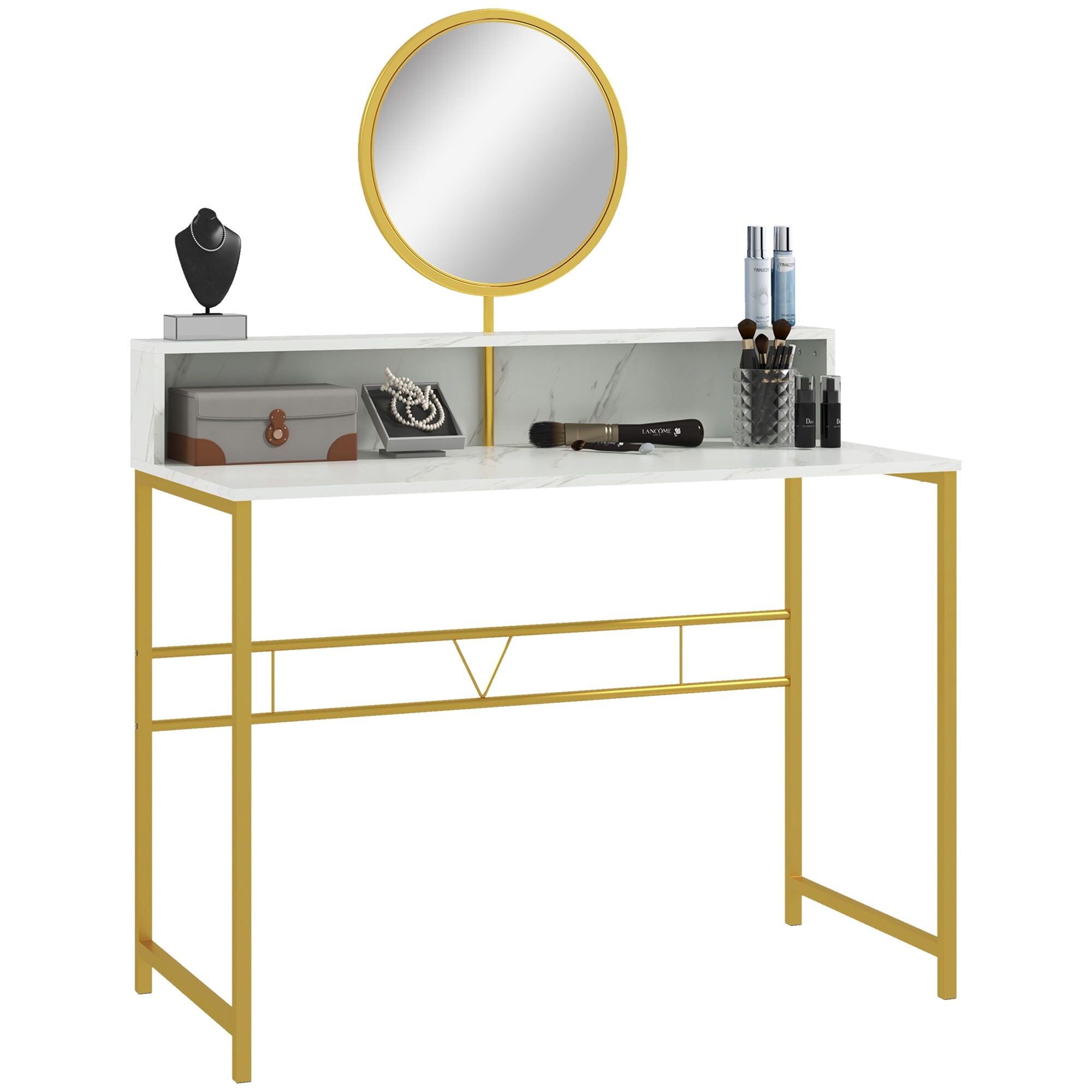 Elegant Vanity Desk with White Faux Marble Top Rotating Mirror