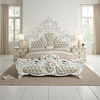 Kin King Size Bed, Ornate Vintage White, Tufted Beige Faux Leather ...