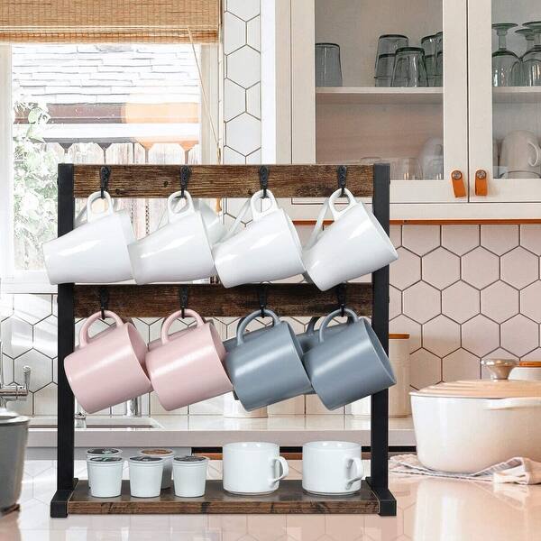 Rustic Countertop Coffee Mug Rack Holder Metal with Wooden Shelf ...