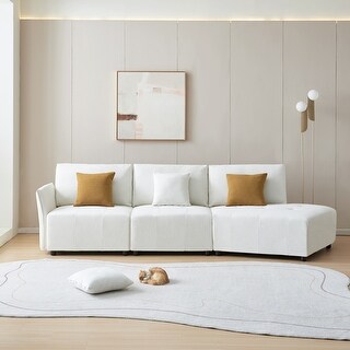 Tufted Seat Cushion Couch Genuine Leather Sofa w/ Throw Pillows, Beige ...