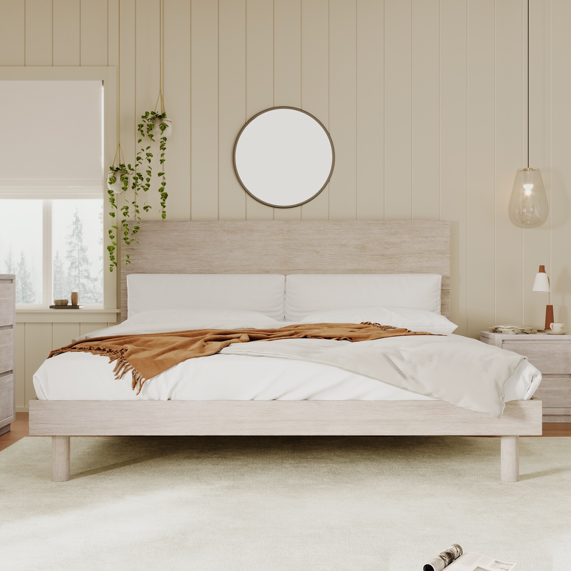 Stone Gray King Size Solid Wood Grain Platform Bed Frame with Headboard and Wood Slat Support
