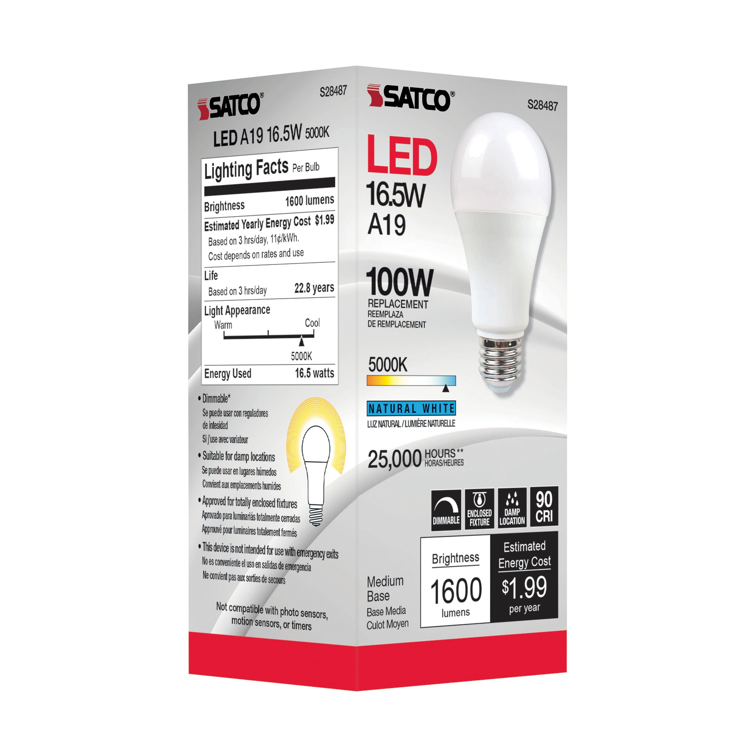 16.5 Watt A19 LED 90CRI 5000K Medium base 220 deg. Beam Angle 120 Volt 1600 Lumens CEC - White ...