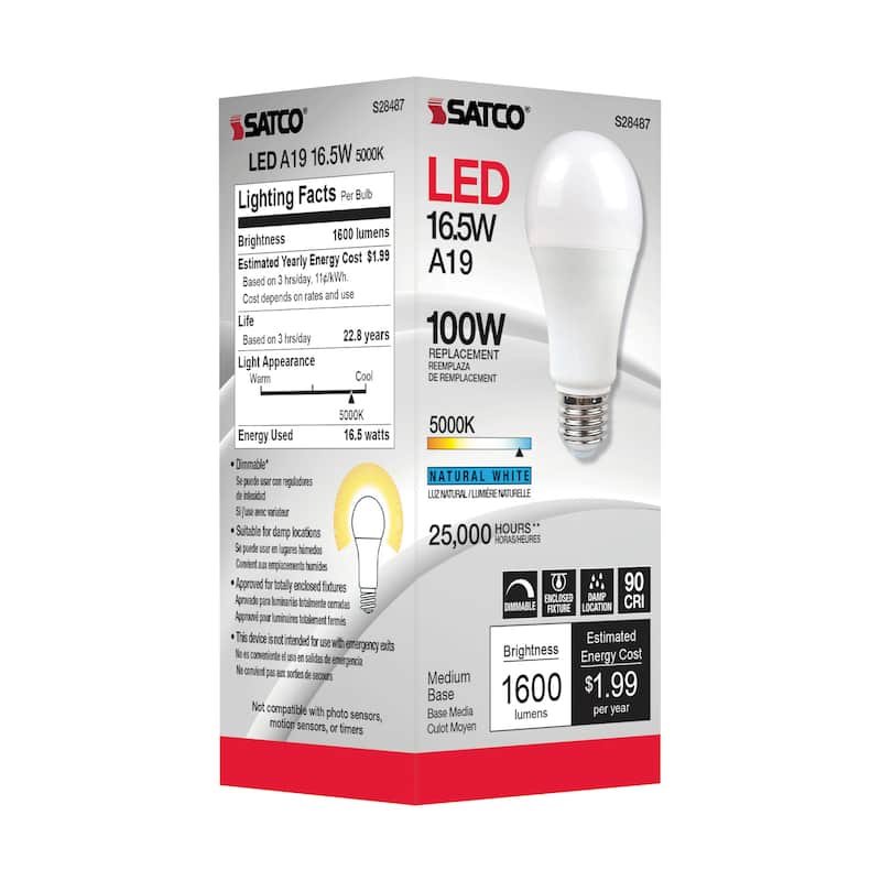 16.5 Watt A19 LED 90CRI 5000K Medium base 220 deg. Beam Angle 120 Volt ...