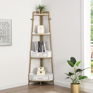 4-tier Industrial Corner Shelf with Two Drawers and Metal Frame - Bed ...