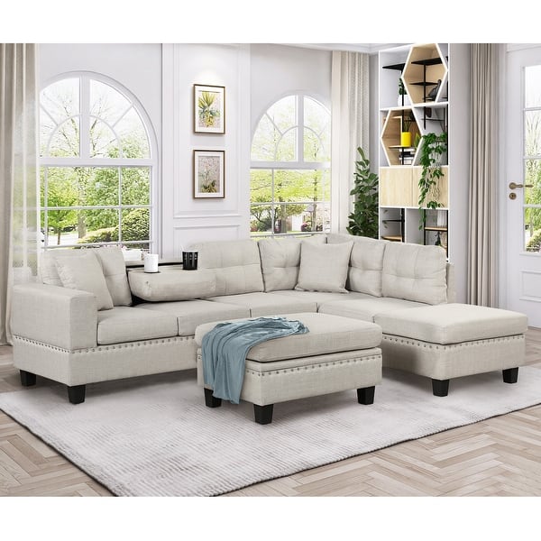 Rivet Design Sectional L-Shape Sofa with Reversible Chaise and Ottoman ...