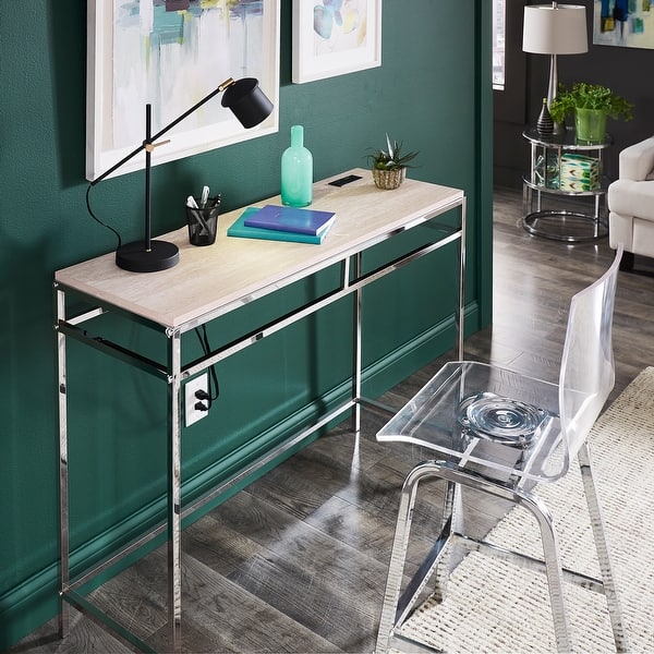 Garble Chrome Counter Height Desk with Faux Marble Top and USB Charging ...