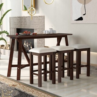 4 Piece Dining Table Set w/USB Ports & 3 Upholstered Bar Stools,Walnut ...