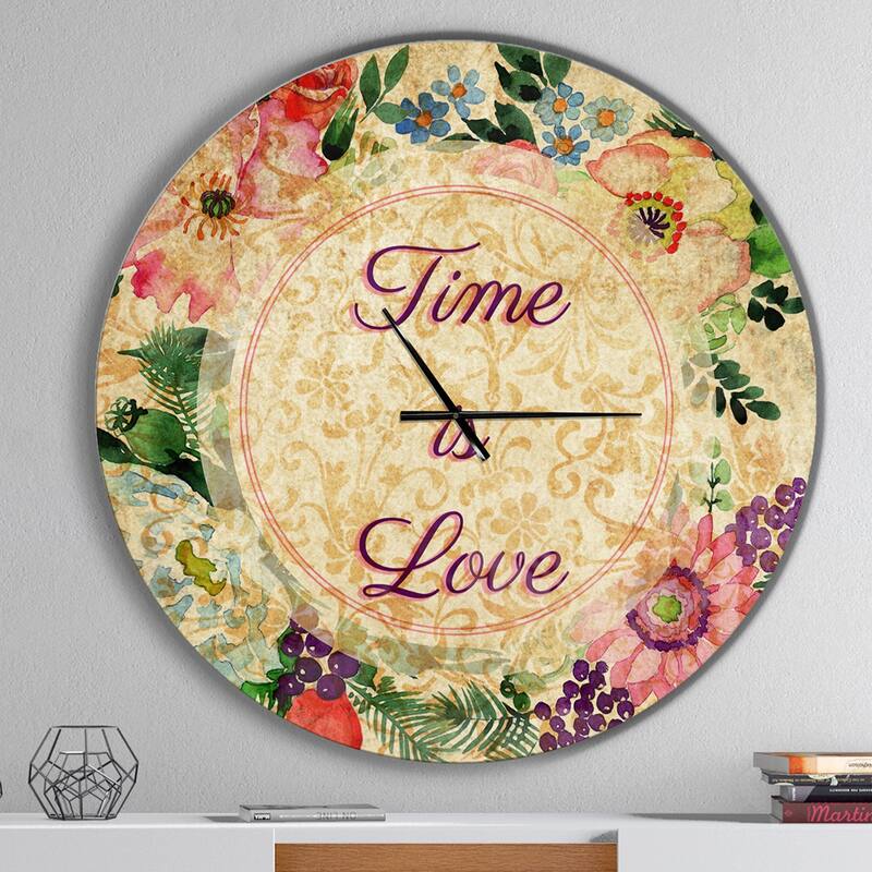 Designart 'Time is Love Pink Floral' Oversized Quote Wall CLock - Bed ...