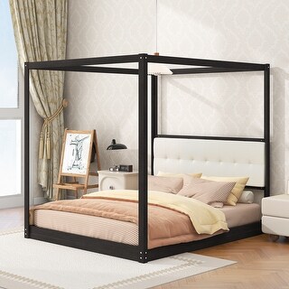 Wooden King Canopy Bed Frame with Upholstery Headboard, King Size Floor ...