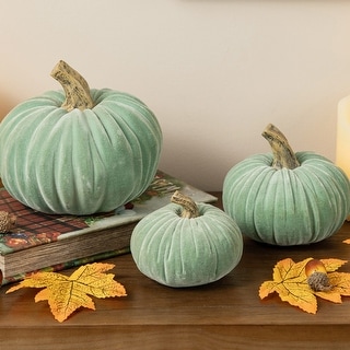 Glitzhome Set of 3 Mint Green Velvet/Resin Fall Harvest Art Pumpkins ...