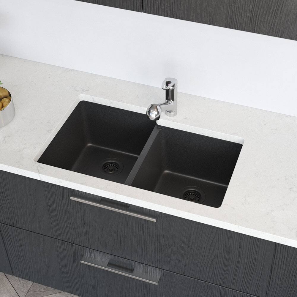 Offset Double Bowl Granite Quartz Kitchen Sink with Two Grids and ...