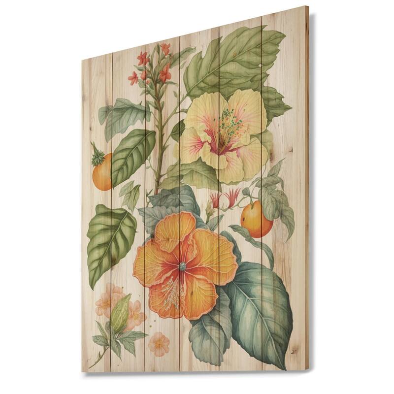 Designart 'Blossiming Yellow Retro Hibiscus I' Floral Hibiscus Wood ...