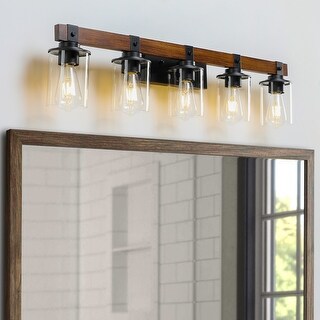 Farmhouse 5-Light Vanity Fixture, Rustic Wood & Black Metal, for ...