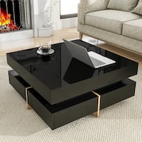High Gloss Coffee Table with Storage Drawers, Square Cocktail Tea Table ...