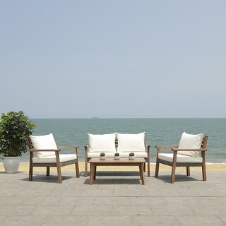 SAFAVIEH Outdoor Reid Solid Wood 4-Piece Conversation Patio Set ...