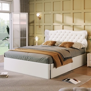 White Full Size Bed Frame with 4 Storage Drawers, Leather Upholstered ...
