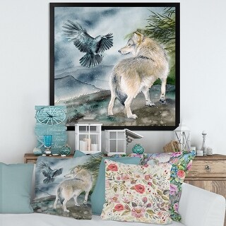 Designart "Wolf And A Raven On A Hill Under Falling Snow" Traditional ...