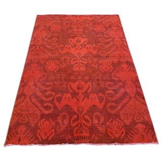 Shahbanu Rugs Candy Apple Red Cast Overdyed Ikat, Hand Knotted, Pure ...