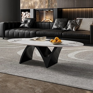 51.18" Modern Oval Coffee Table, Glossy Sintered Stone Table top, N ...