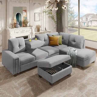 Linen Fabric Upholstered L-shape Couch with Ottoman and Chaise - Bed ...