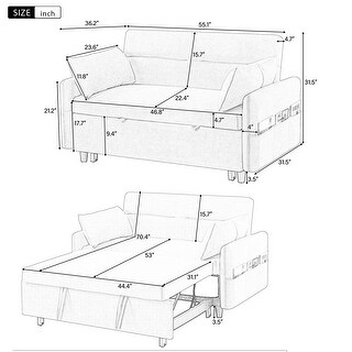55.1" Convertible Couch Pull Out Sleeper Sofa w/Side Pocket & Pillows ...