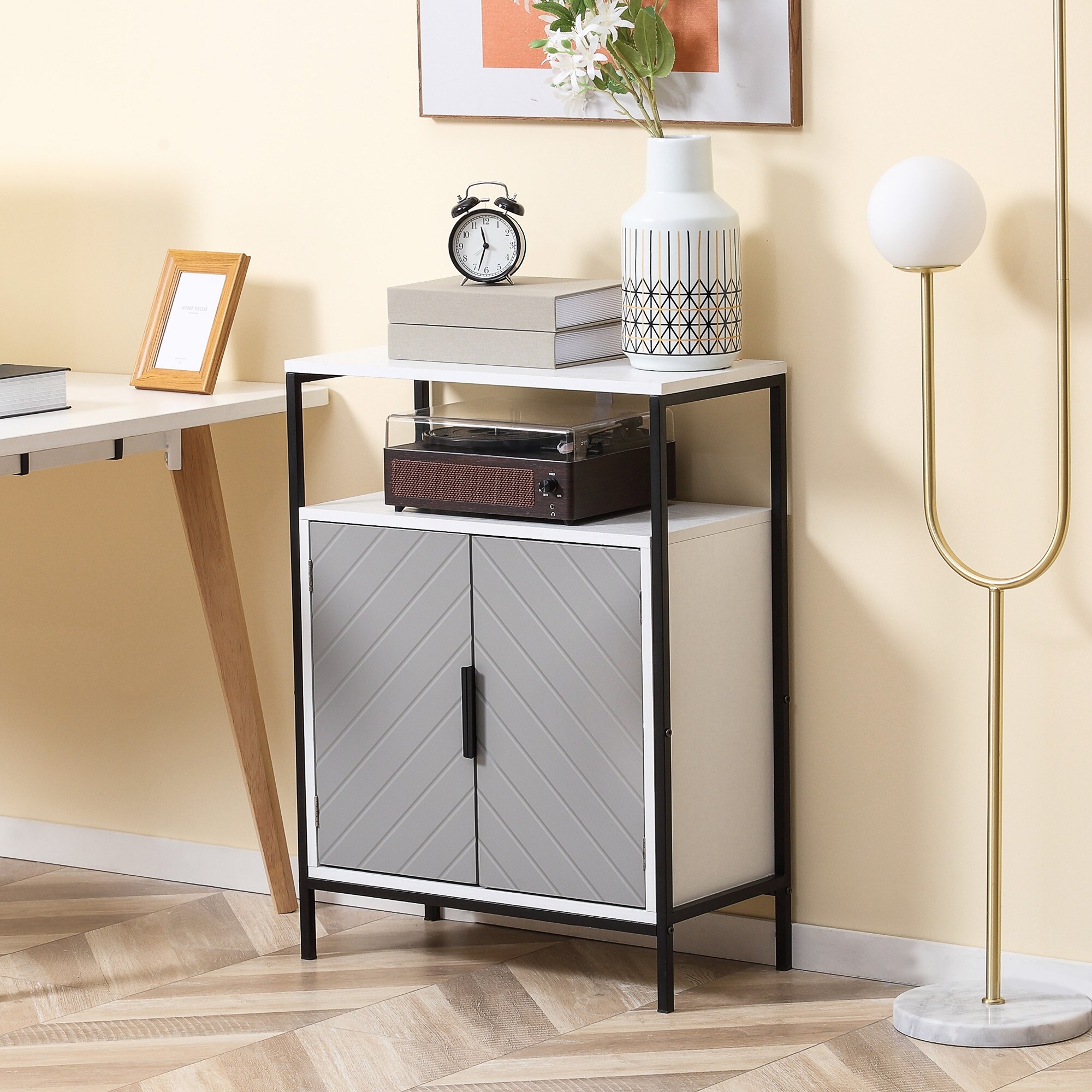 Accent Cabinet with Herringbone Panel and Steel Frame Storage Cabinet with Open Shelf and Double Door Cupboard Bed Bath Beyond 42347898