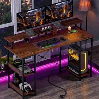 Reversible Computer Desk with Power Outlets and LED Lights, Office Desk ...