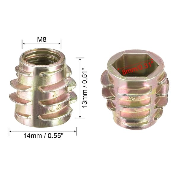 Threaded Insert Nuts Zinc Alloy Hex-Flush M8 Internal Threads 13mm ...