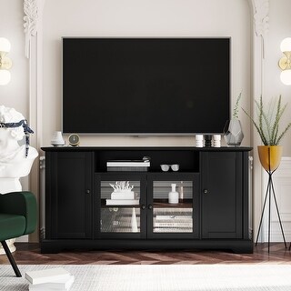 Elegant Functional TV Stand with Metal Handles Toughened Glass Doors ...