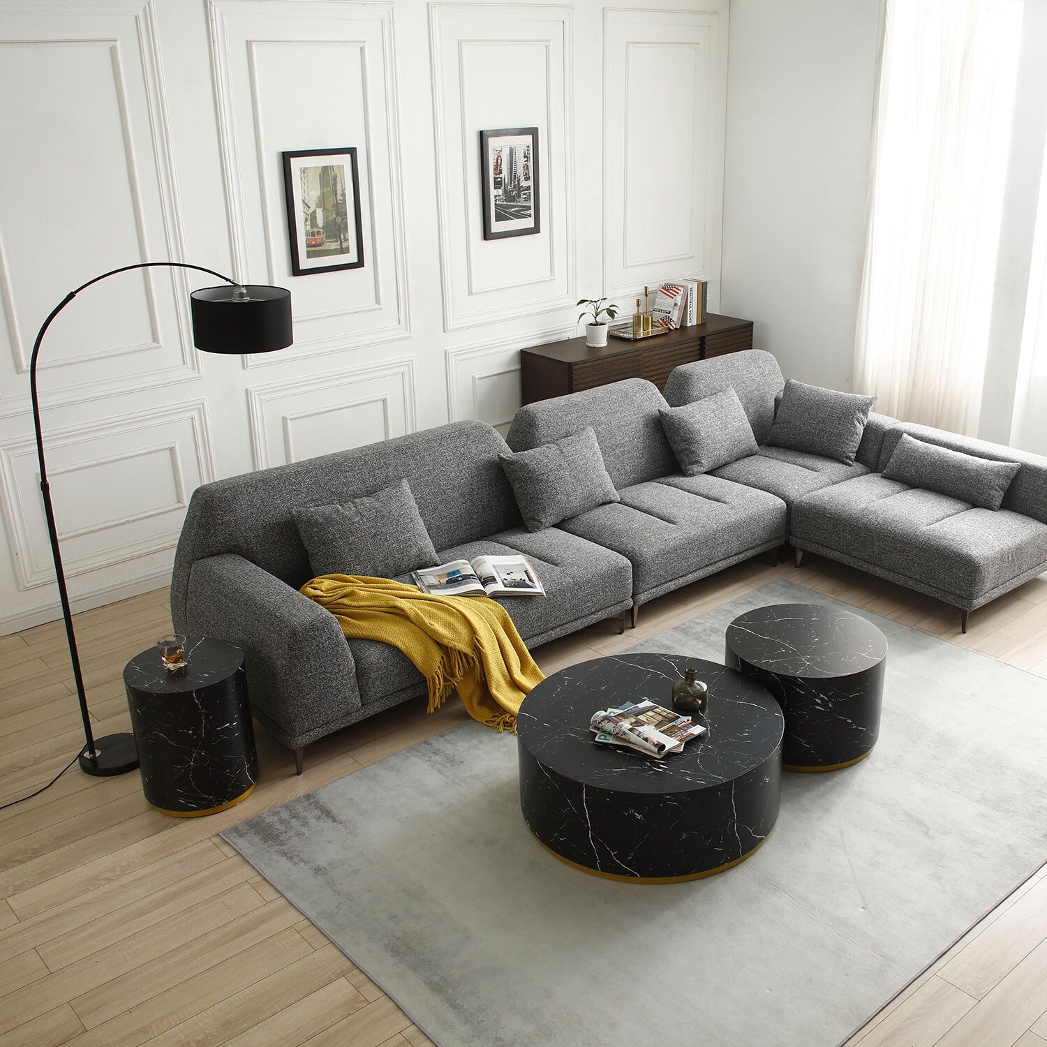 Set of 3 Marble Pattern Round Coffee Table side Table End Table Set for Living Room Fully Assembled