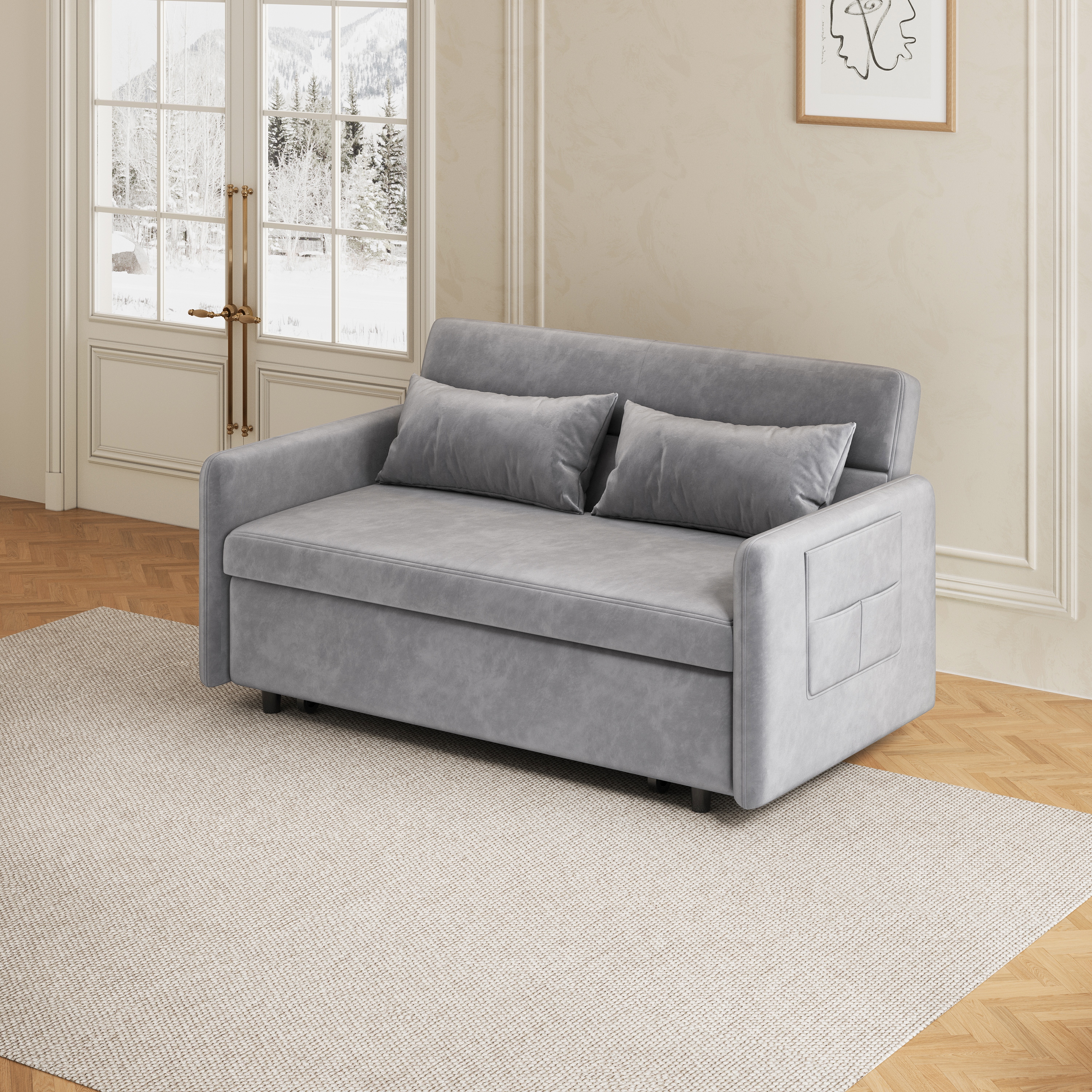 Modern 54 Multifunctional Velvet Sofa Bed with Pull out Bed and 2 Pillows Thickened Upholstery Sofa with Adjustable Backrest Bed Bath Beyond 40117056