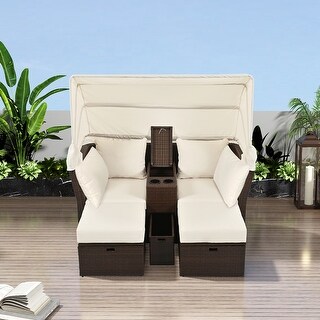 2-Seater Outdoor Patio Daybed Double Lounge Chair w/Foldable Awning ...