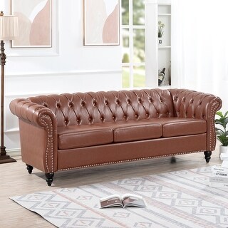 84.65" Traditional Brown Rolled Arm Chesterfield Three Seater Sofa ...