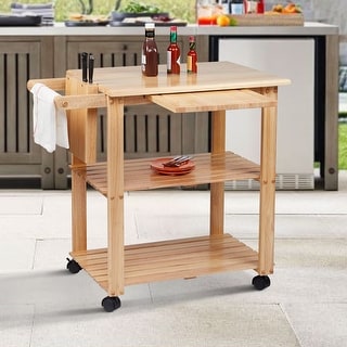 34" Kitchen Island Bar Cart Rubberwood Storage Carts w/ Pull-out ...