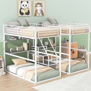 Double Twin over Twin Metal Bunk Bed with Desk, Shelves and Storage ...