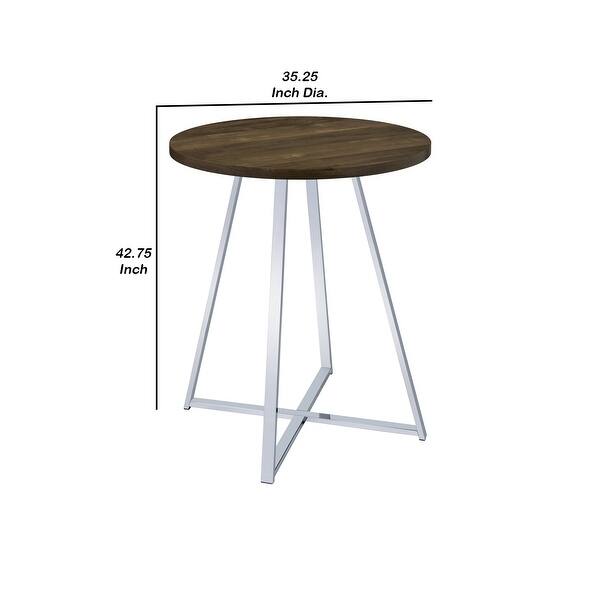 43 Inch Tall Modern Bar Table, Brown Round Top, Polished Chrome Flared ...