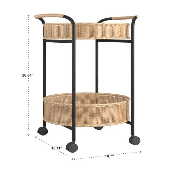 Giethoorn 18" 2-Tier Rattan Baskets Serving Cart with Black Metal Frame ...