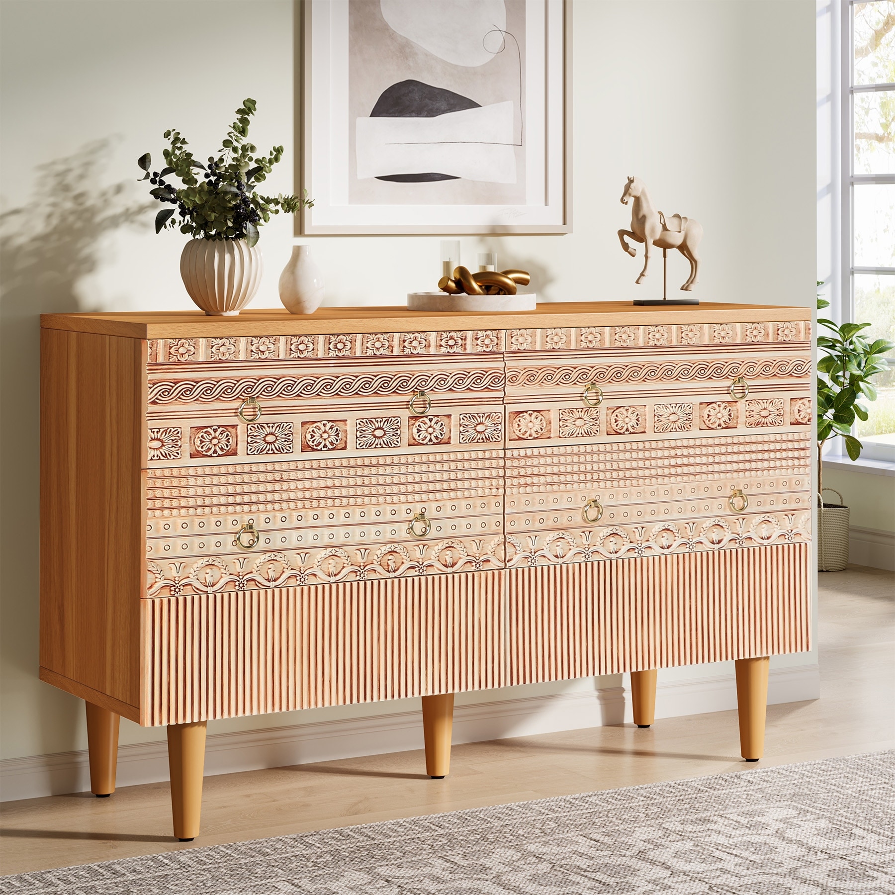 47 Inch Boho Accent Dresser Double Wide Chest of Drawers with 6 Carved Drawers On Sale Bed Bath Beyond 40898328