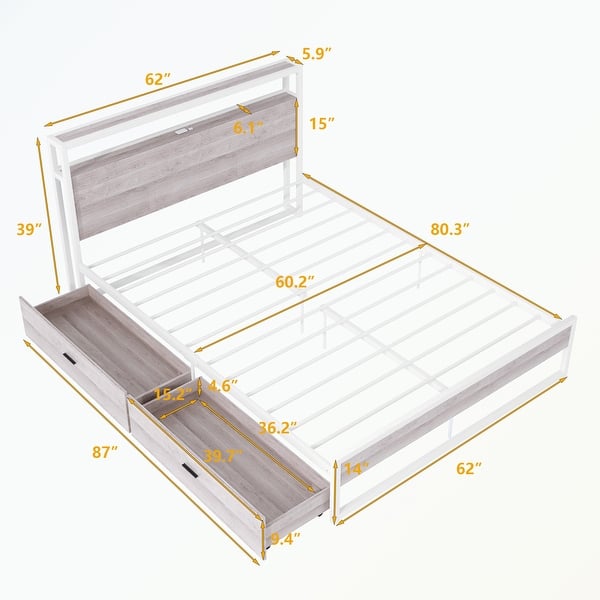 Queen Size Metal Platform Bed Frame with Sockets and USB Ports - Bed ...