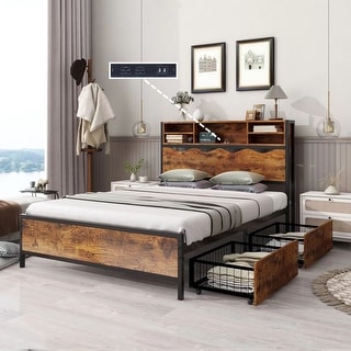 Rustic Storage Bed Frame with Bookcase Headboard with Power Outlets, 2 Under-Bed Storage Drawers ...