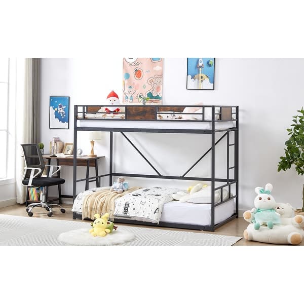 Twin Over Twin Bunk Bed Adjustable Bottom Bed Frame with Ladder - Bed ...