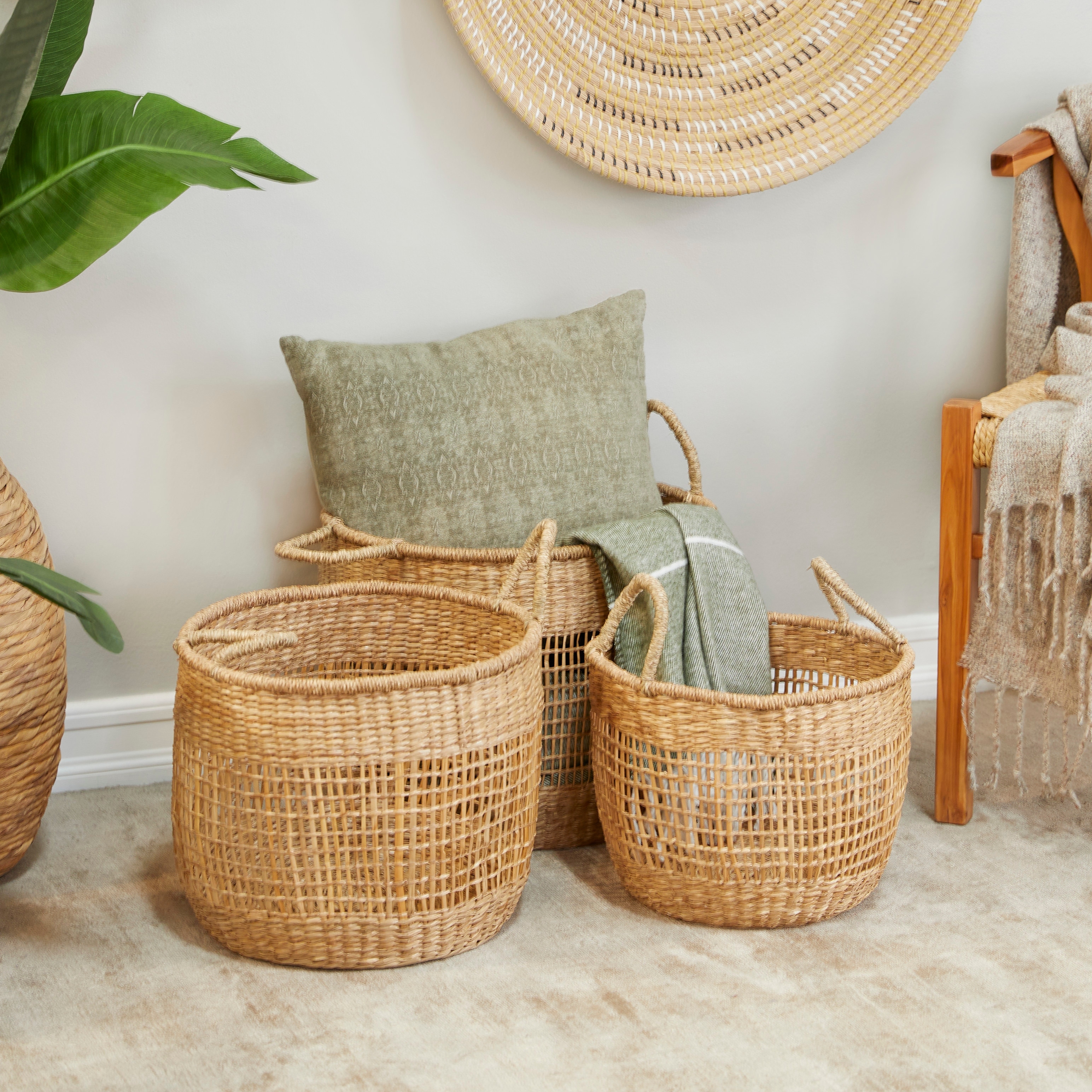 Brown or Black Seagrass Handmade Woven Storage Basket with Handles (Set ...