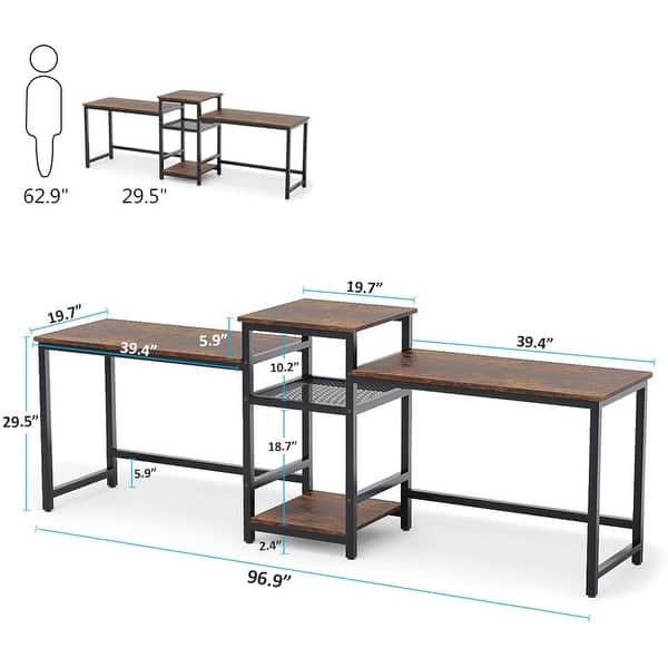 96.9" Two Person Computer Desk with Storge Shelves, Double Workstation ...
