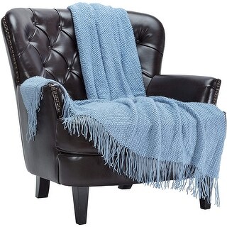 Textured Knitted Light Blue Throw Blanket With Tassel - Bed Bath ...