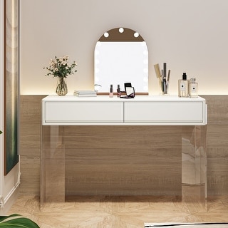 Mid-century Modern Makeup Vanity Table Set, LED Mirror, Tempered Glass ...