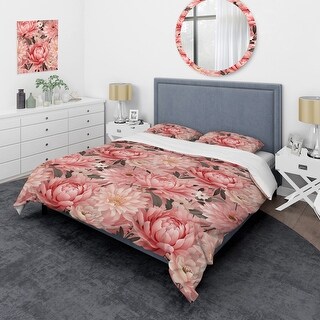 Designart "Pink Floral Peony Delicacy I" White cottage bedding set with ...