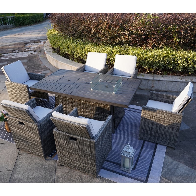 Unique Patio Fire and Ice Bucket Firepit Table with Wicker Chairs ...