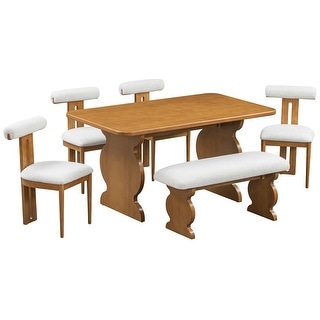 6pcs Dining Set w/ Wavy Legs Table, Bench & 4 Chairs, Walnut - Bed Bath ...
