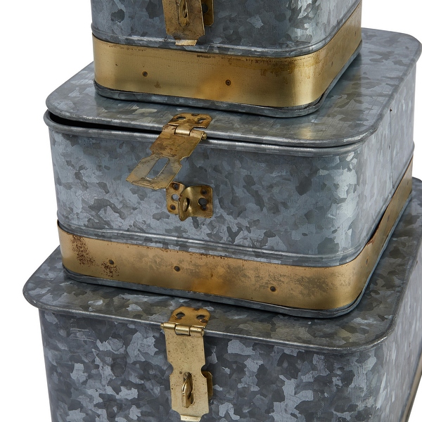 Decorative Galvanized Metal Boxes With Lids And Brass Accents Set Of 3