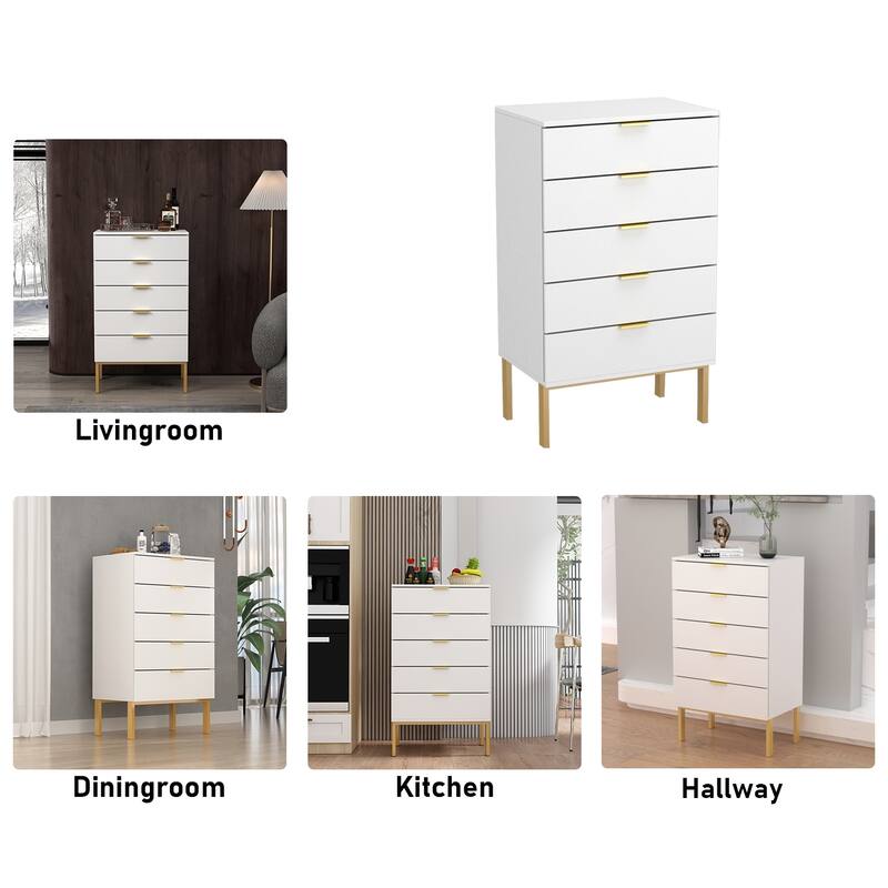 5 Drawer Dresser Chest End Table Storage Cabinet 23.6'' W White/Back ...